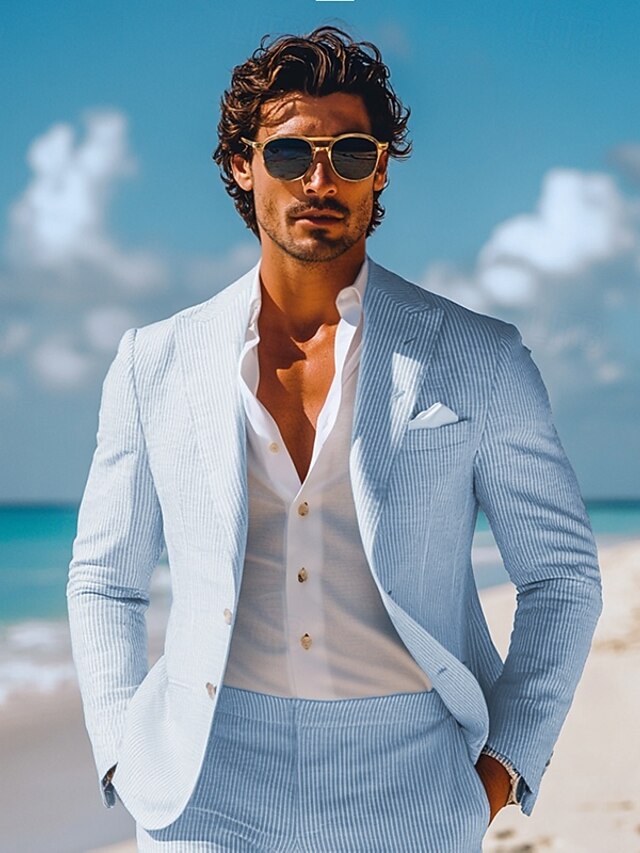 Men's Suits Seersucker Suits Beach Wedding Casual Sky Blue Sage Spring ...