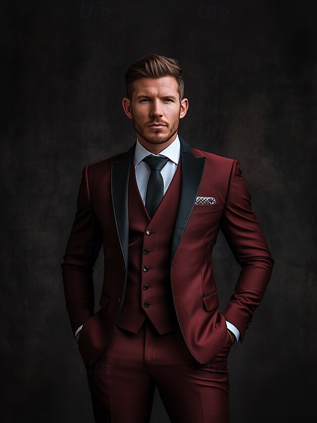 Men's Wedding Prom Party Suits Peaked Lapel Burgundy Business Luxury ...