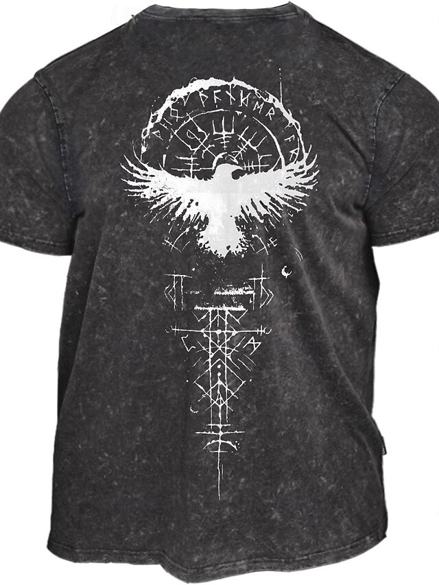 Men's Graphic T-Shirt with Norse Raven & Runic Symbols, Washed Grey ...