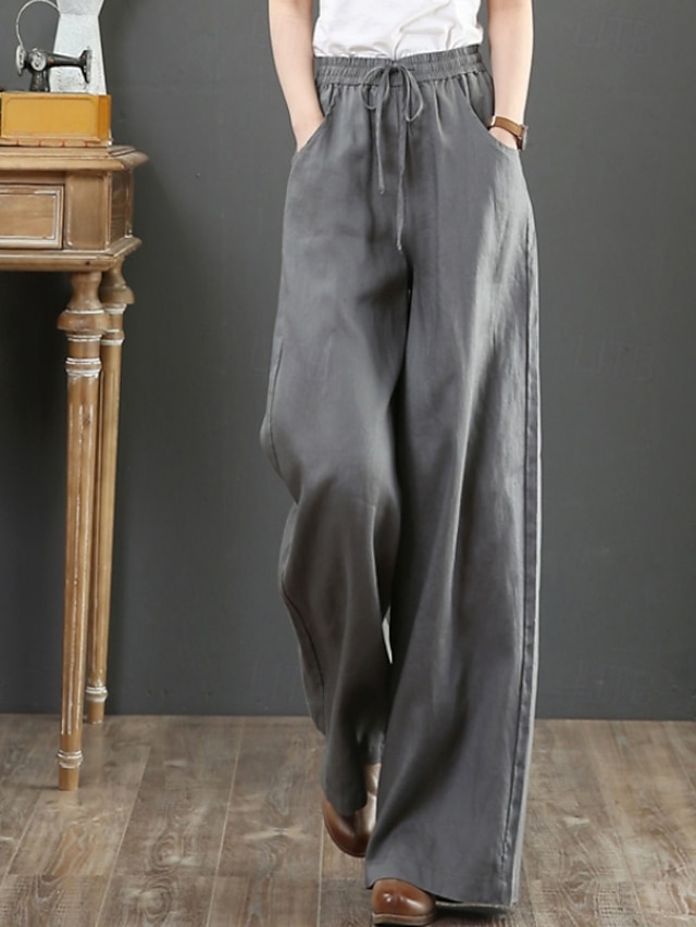 Women's Wide Leg Cotton Linen Pants Slacks Fashion Streetwear Full ...