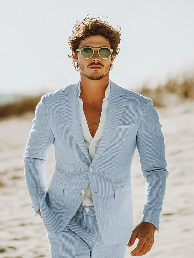 Men's Suits Seersucker Suits Beach Wedding Champagne Sky Blue Spring ...