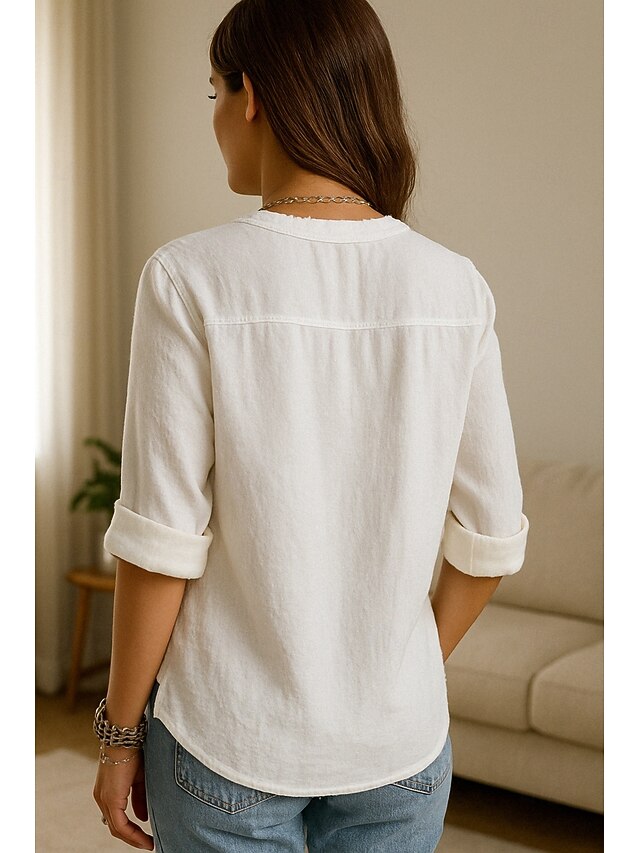Women's Button Up Cotton Linen Shirt Plain Basic Modern Long Sleeve V ...