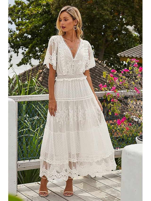 Women's Maxi long Dress White Lace Dress Summer Dress Elegant Romantic ...
