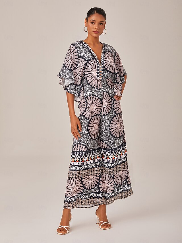 Satin Folk Print Magyar Sleeve Deep V Neck Jumpsuit 2026 - $79.99