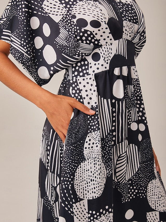 Women's Midi Dress Chiffon Black-white Short Sleeves Geometric Polka ...