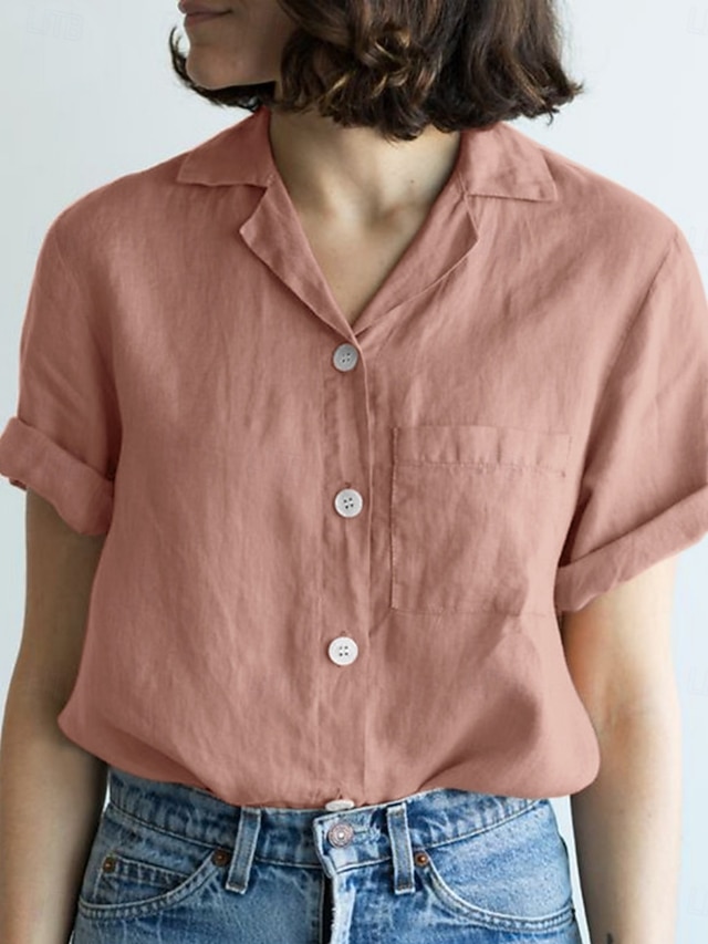 Women's Cotton Linen Shirts Faux Cotton Linen Pocket Buttons Solid ...