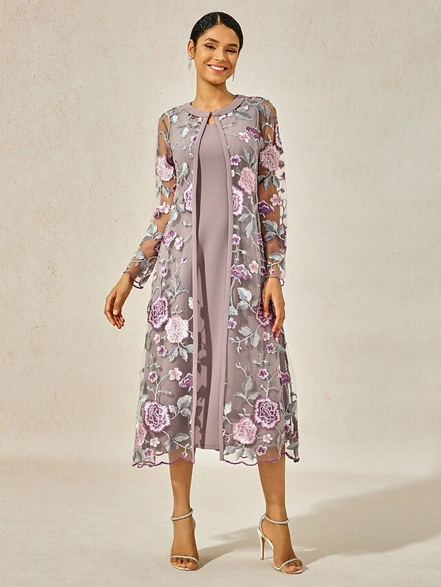 Women's Tea Length Sheath Dress Dress With Jacket Elegant Cocktail Semi ...