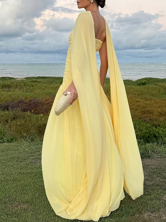 A-Line Evening Gown Dropped Waist Dress Semi Formal Wedding Guest Cape ...