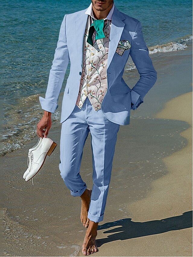Men's Linen Suits Beach Wedding Pink Sky Blue Summer Suit Notch Lapel ...