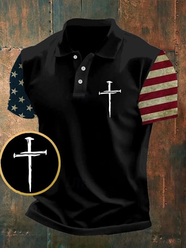 Men's American US Flag Cross Polo Shirts Button Up Polos Golf Shirt ...