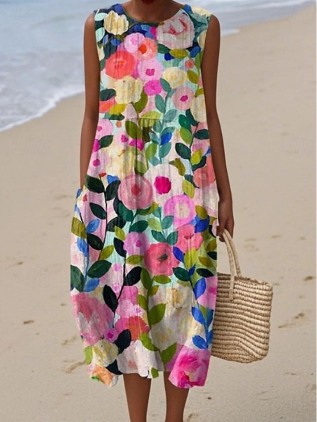 Women's Midi Dress Linen Like Sundress Shift Dress A Line Dress ...