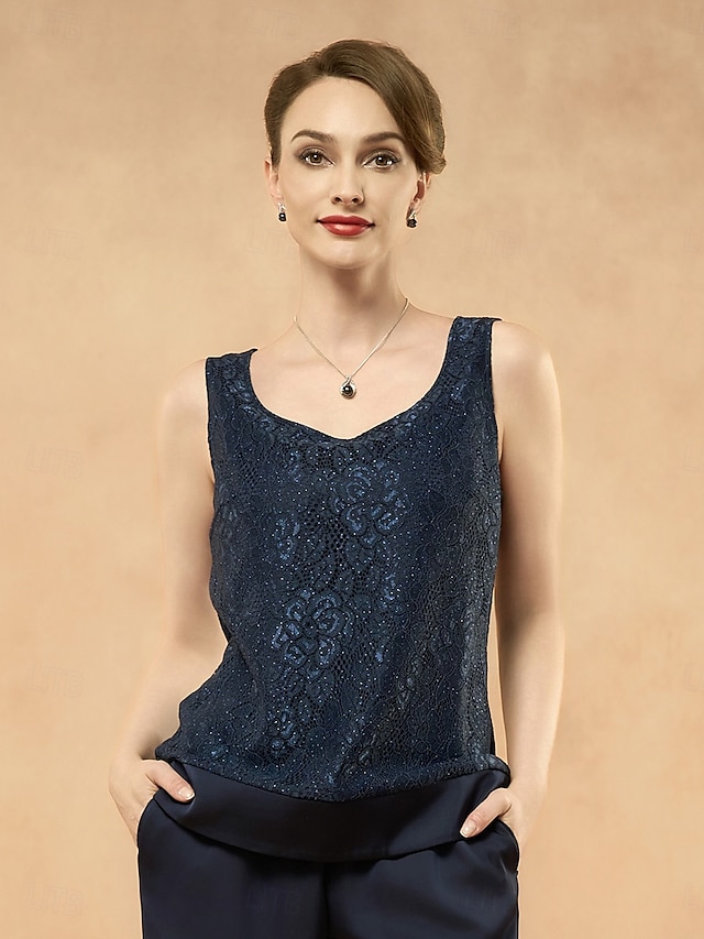 Women's Satin Shirt Lace Splicing Top Evening Tops Lace Rhinestone ...