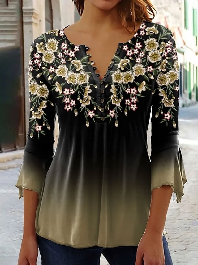 Women's T-Shirt V Neck Ombre Floral Graphic Elegant 3/4 Length Sleeve ...