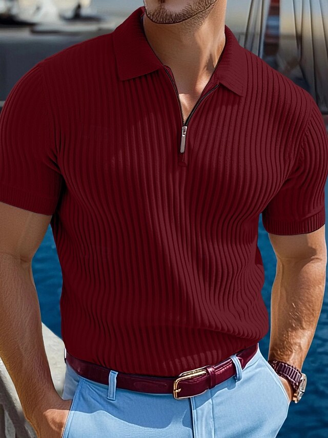 Men's Zip Polo Textured Vacation Casual Lapel Quarter Zip Short Sleeve ...