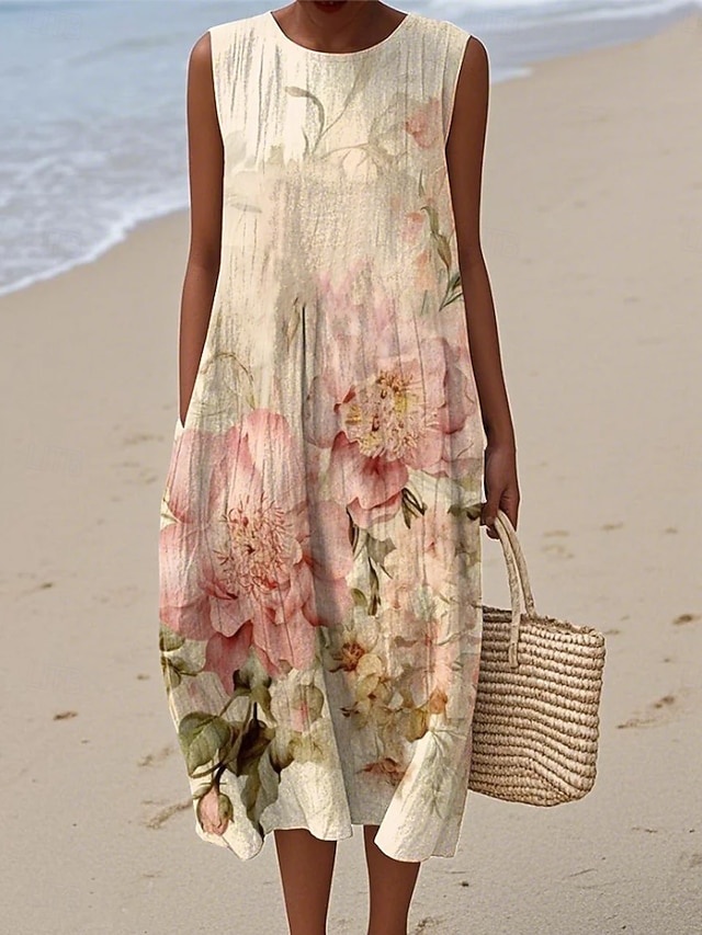 Women's Midi Dress Linen Like Sundress Shift Dress A Line Dress ...