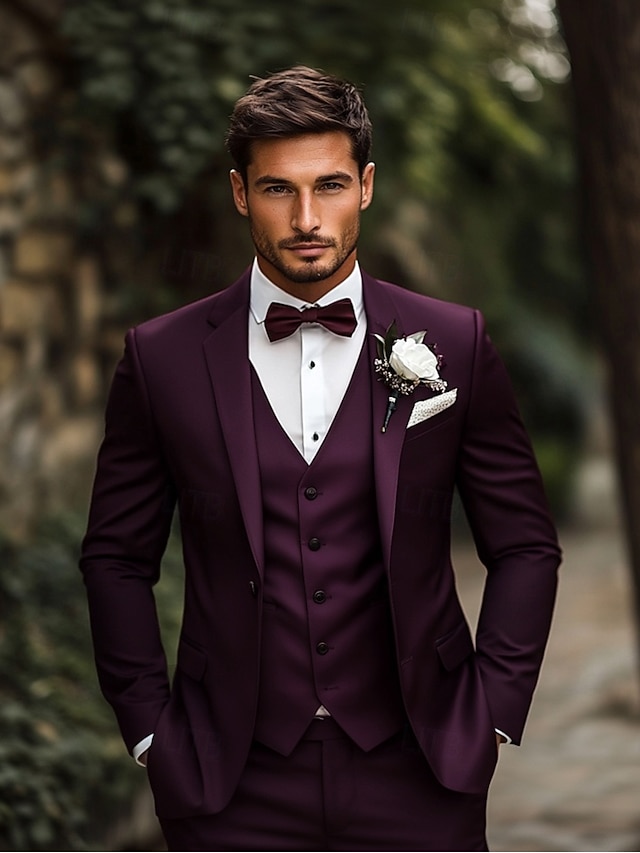 Men's Wedding Party Suits Burgundy Grape Purple Fashion Formal Solid ...