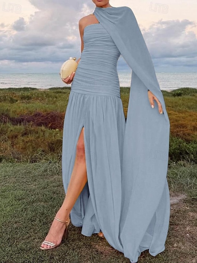 A-Line Evening Gown Dropped Waist Dress Semi Formal Wedding Guest Cape ...