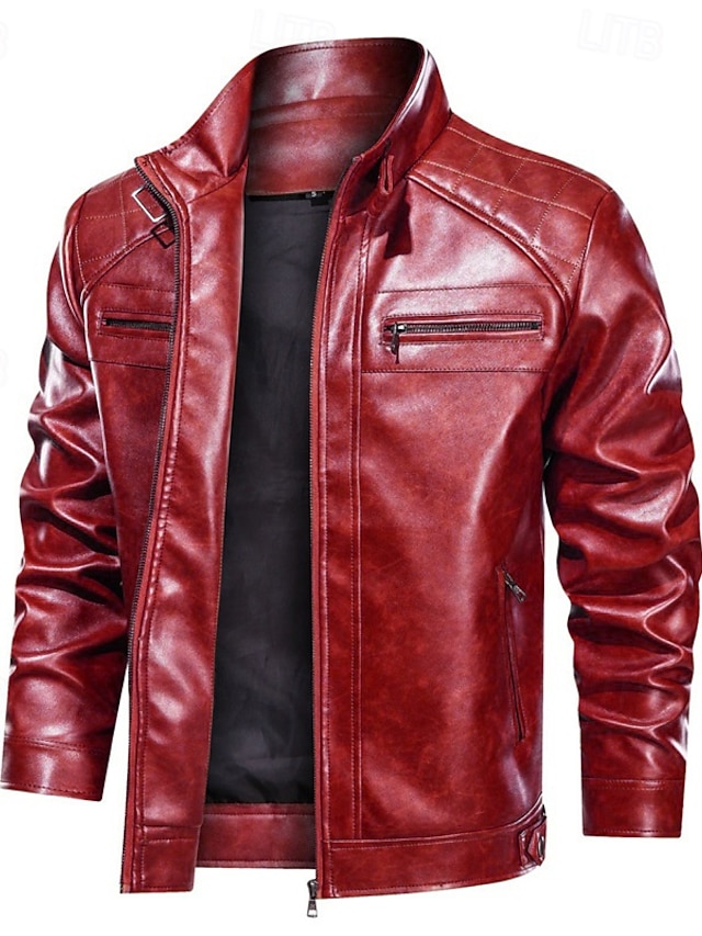 Men's Faux Leather Jacket Biker Jacket Red Leather Jacket Motorcycle ...
