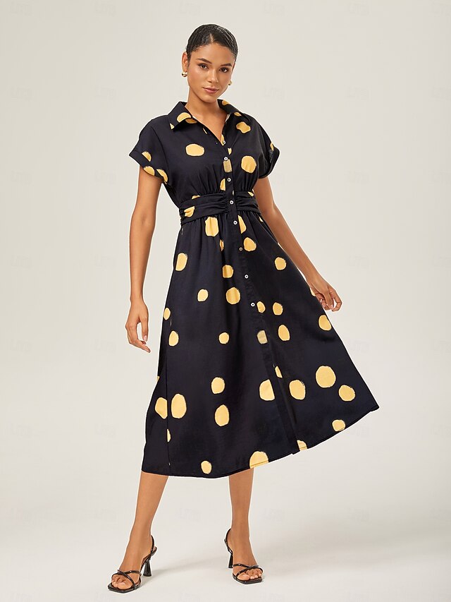 Retro Black Yellow Polka Dot Cinched Dress 2026 - $113.99