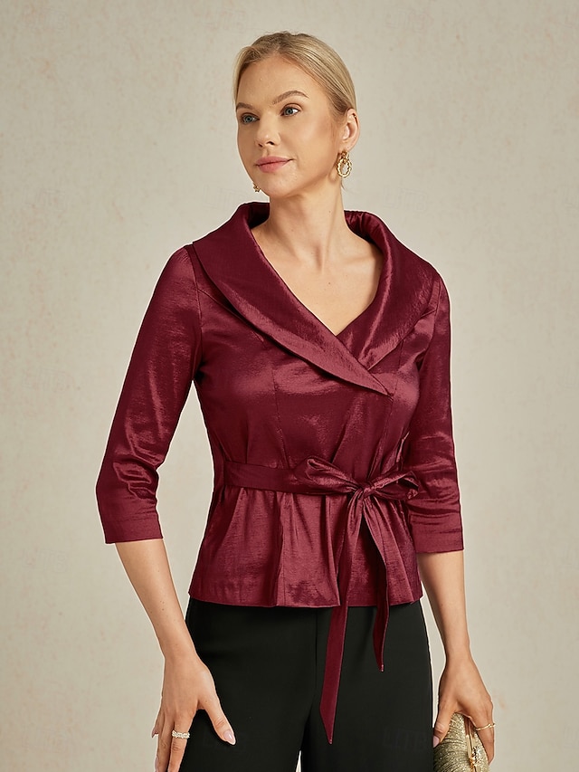 Women's Blouse Evening Tops Tie Front Elegant Metallic Stylish 3/4 ...