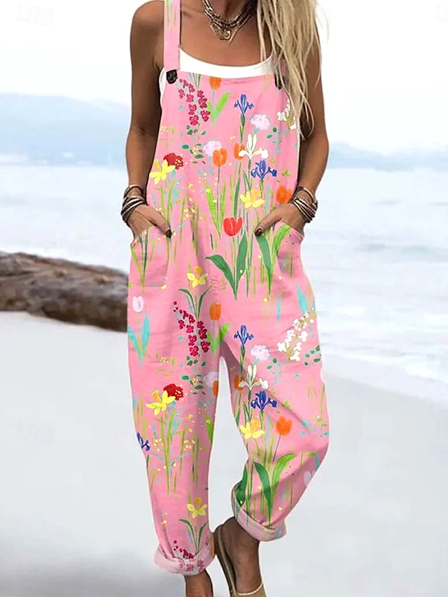 Women's Dungarees Active Floral Sleeveless Harem Drawstring with Pocket ...