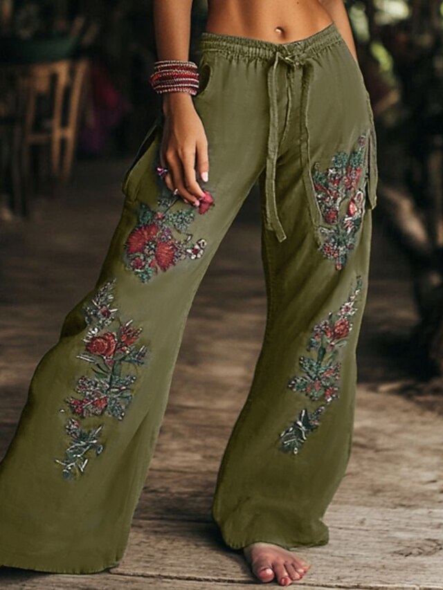 Women's Wide Leg Slacks Boho Full Length Natural Flower Pocket Printing ...