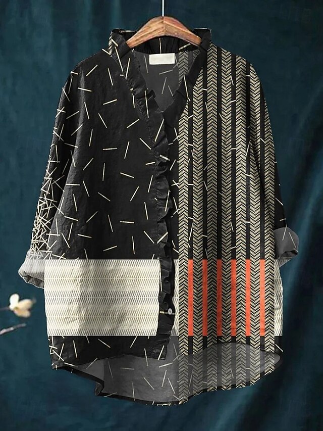 Women's Boho Shirt Ruched Ruffle Graphic Geometric Elegant Bohemia ...