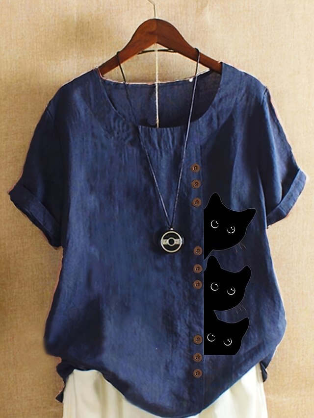 Women's 100% Cotton Linen Shirts Buttons Animal Cat Elegant Daily ...