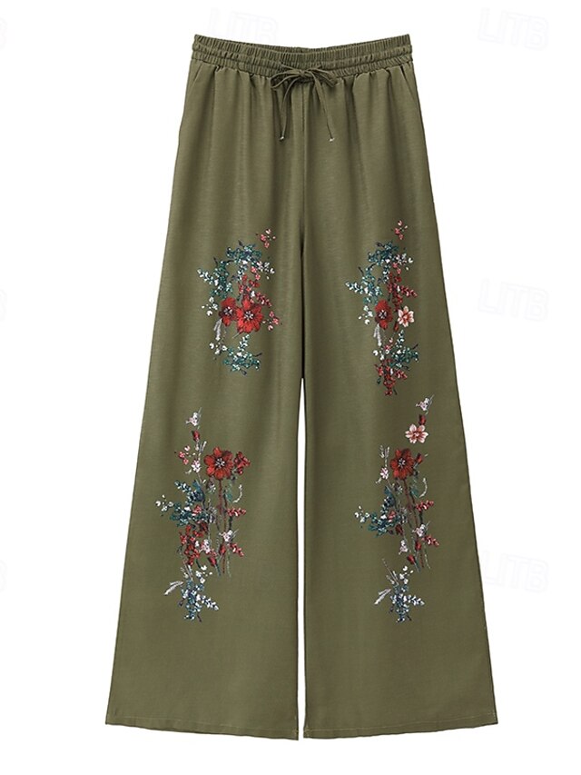 Women's Wide Leg Slacks Boho Full Length Natural Flower Pocket Printing ...