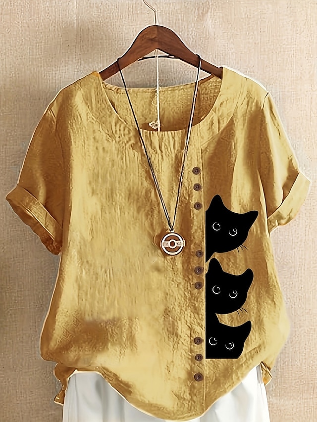 Women's 100% Cotton Linen Shirts Buttons Animal Cat Elegant Daily ...