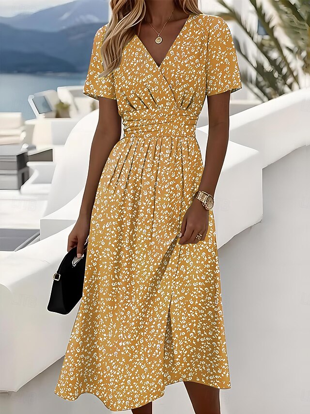 Dames Elegante Midi Dress A-lijn Jurk Wikkel Jurk V-hals Korte Mouwen Jurk Zomerjurk Regular Fit ...