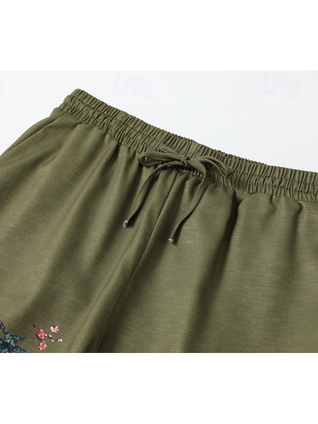 Women's Wide Leg Slacks Boho Full Length Natural Flower Pocket Printing ...