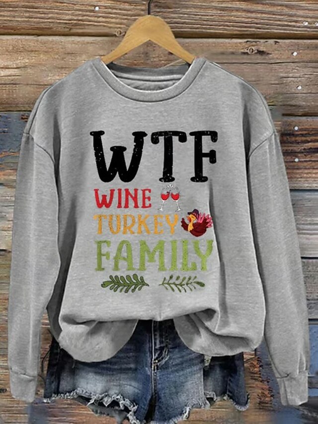 Women's Casual Wtf Wine Turkey Family Print Hoodies Letter Casual Long ...