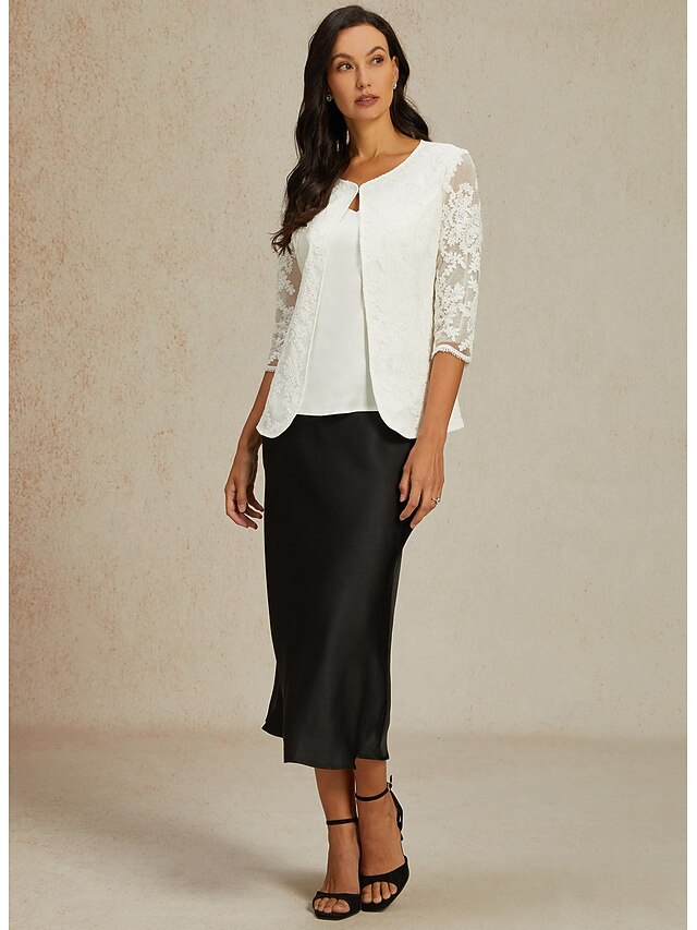 Women's Lace Jacket Blazer Mesh Elegant 3/4 Length Sleeve Crew Neck ...