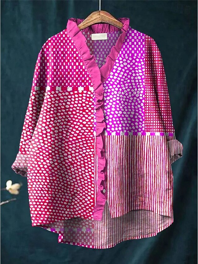 Women's Boho Shirt Ruched Ruffle Graphic Geometric Elegant Bohemia ...