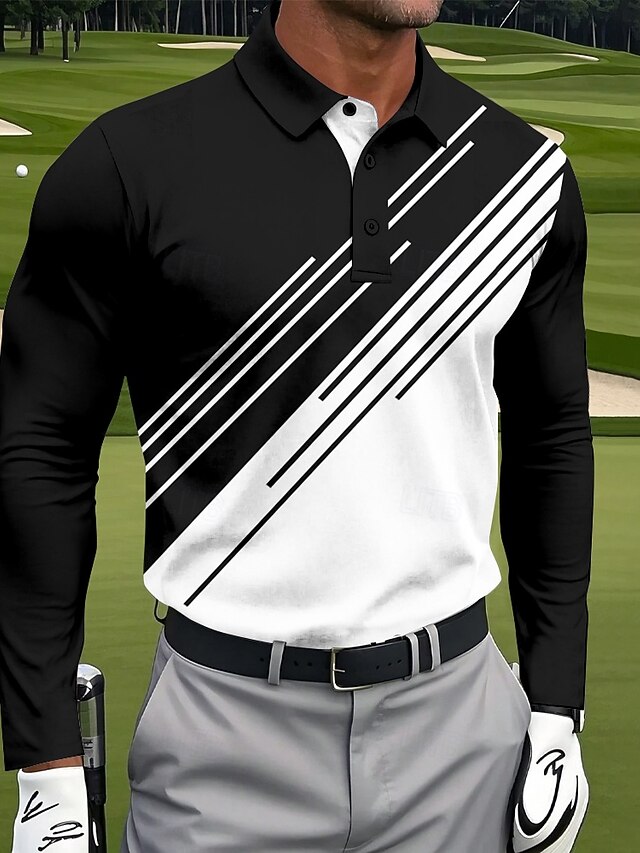 Men's Geometic Line Polo Long Sleeve Polo Shirts Collared Shirts ...