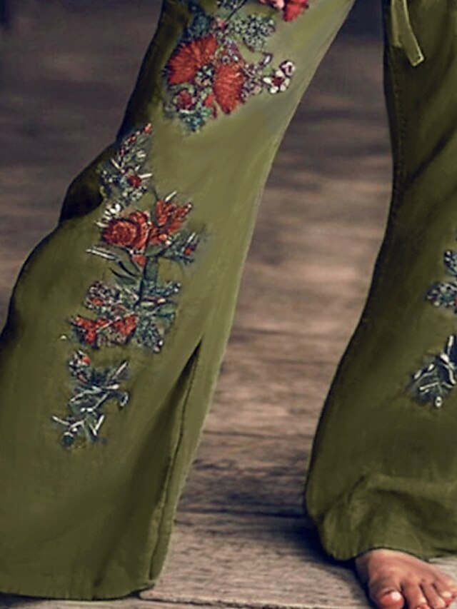 Women's Wide Leg Slacks Boho Full Length Natural Flower Pocket Printing ...