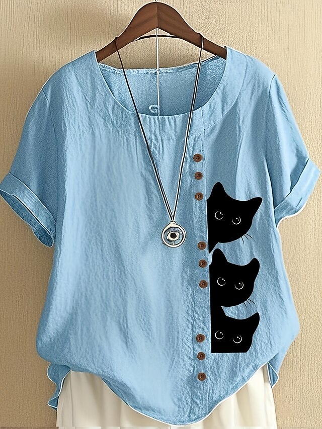 Women's 100% Cotton Linen Shirts Buttons Animal Cat Elegant Daily ...
