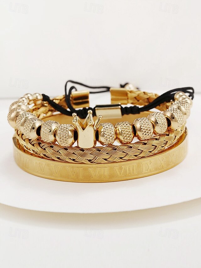 Men's Gold Stainless Steel Bracelet Set – 3-Piece Crown Beaded, Braided ...