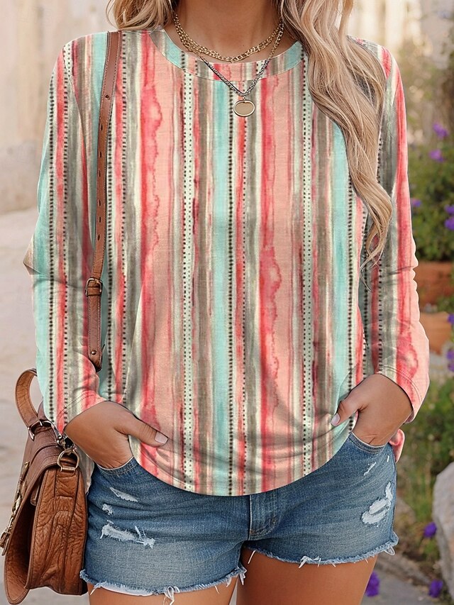 Women's Plus Size Tops T Shirt Geometry Print Long Sleeve Crew Neck ...