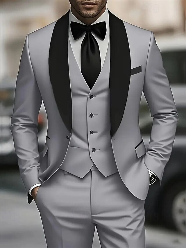 Men's Set Suits Wedding Party 3 Piece Spring Fall Polyester Solid ...