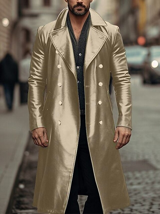 Men's Faux Leather Jacket Winter Coat Transition Jacket Peacoat Trench ...