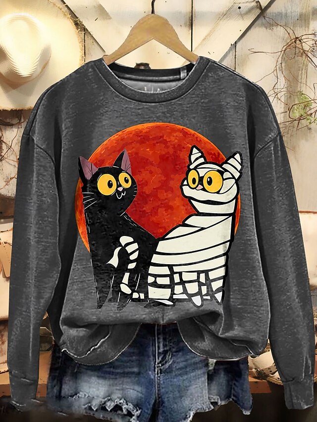 Women's Pullover Black Cat Graphic Cat Casual Long Sleeve Crew Neck ...