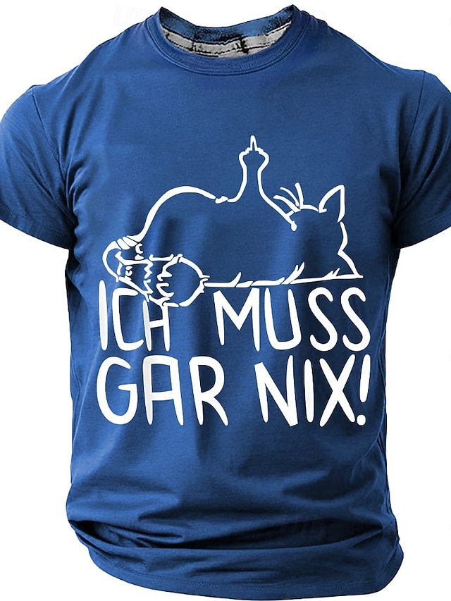 Men's Funny Graphic T-Shirt with Defiant Cat & "Ich Muss Gar Nix ...