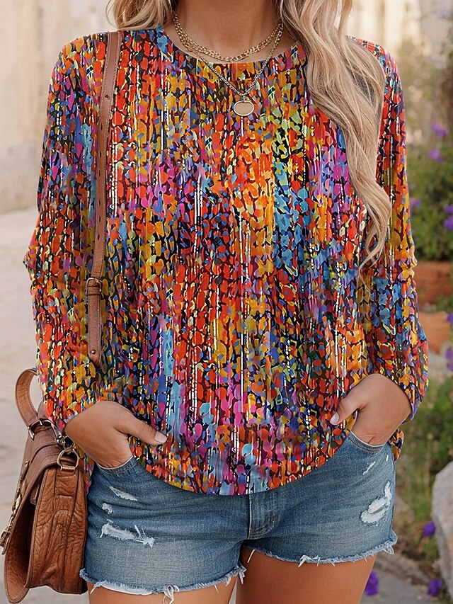 Women's Plus Size Tops T Shirt Geometry Print Long Sleeve Crew Neck ...
