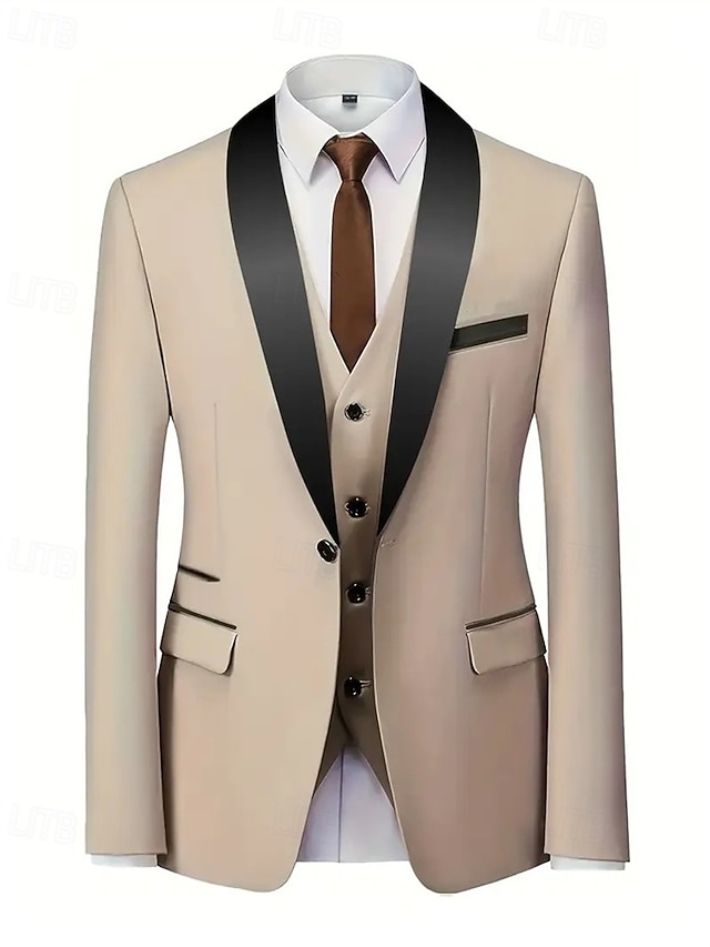 Men's Set Suits Wedding Party 3 Piece Spring Fall Polyester Solid ...