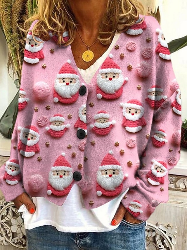 Christmas Women's Sweater Cardigan Casual Soft Claus s Ribbed V Neck ...