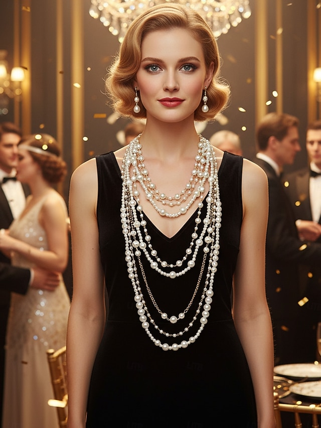 Women's Layered Pearl Necklace & Drop Earrings Set - Vintage Gatsby ...