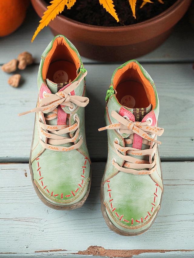 Women's Genuine Leather Green Lace Up Ankle Boots – Rustic Farm Style ...