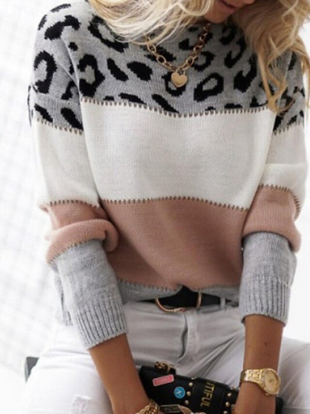 Femmes Pull Streetwear Occasionnel Léopard Col ras du cou Patchwork ...